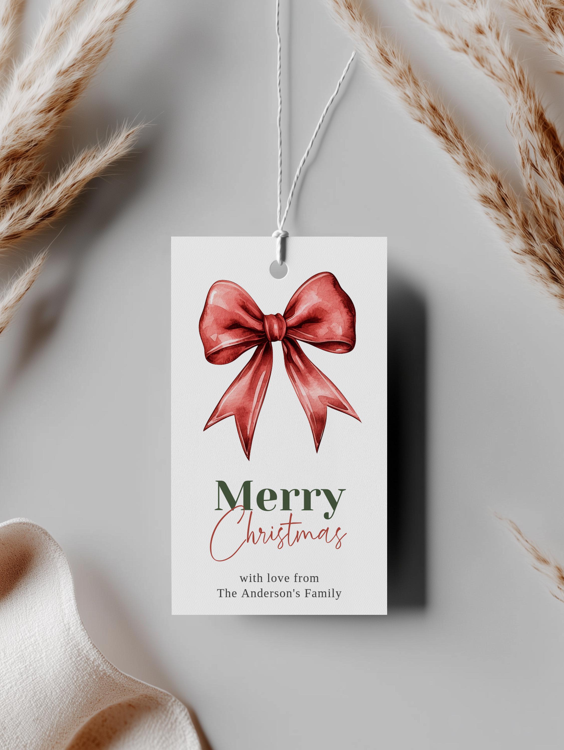 Merry Christmas Gift Tag Printable, Red Bow Christmas Gift Tag Template ...