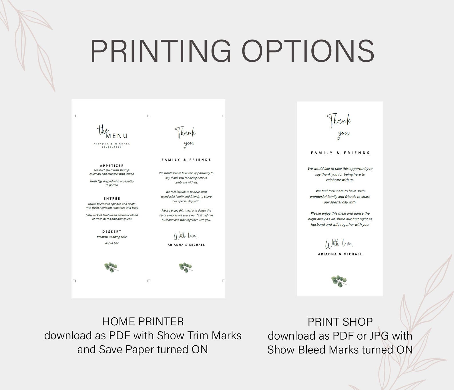 Minimalist Wedding Menu Template, Modern Wedding Menu and Thank You ...