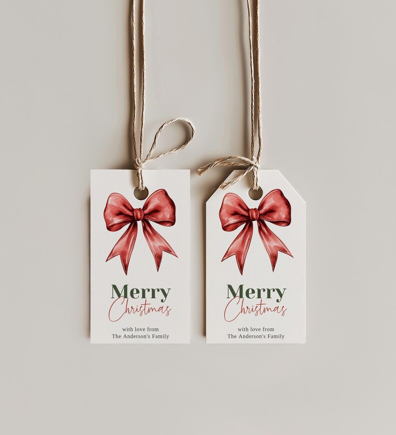 Merry Christmas Gift Tag Printable, Red Bow Christmas Gift Tag Template ...