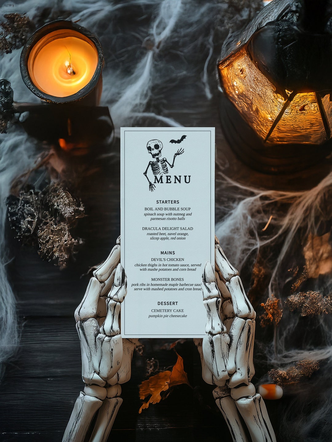 Skeleton Halloween Menu Template, Halloween Dinner Party Menu, Editable ...