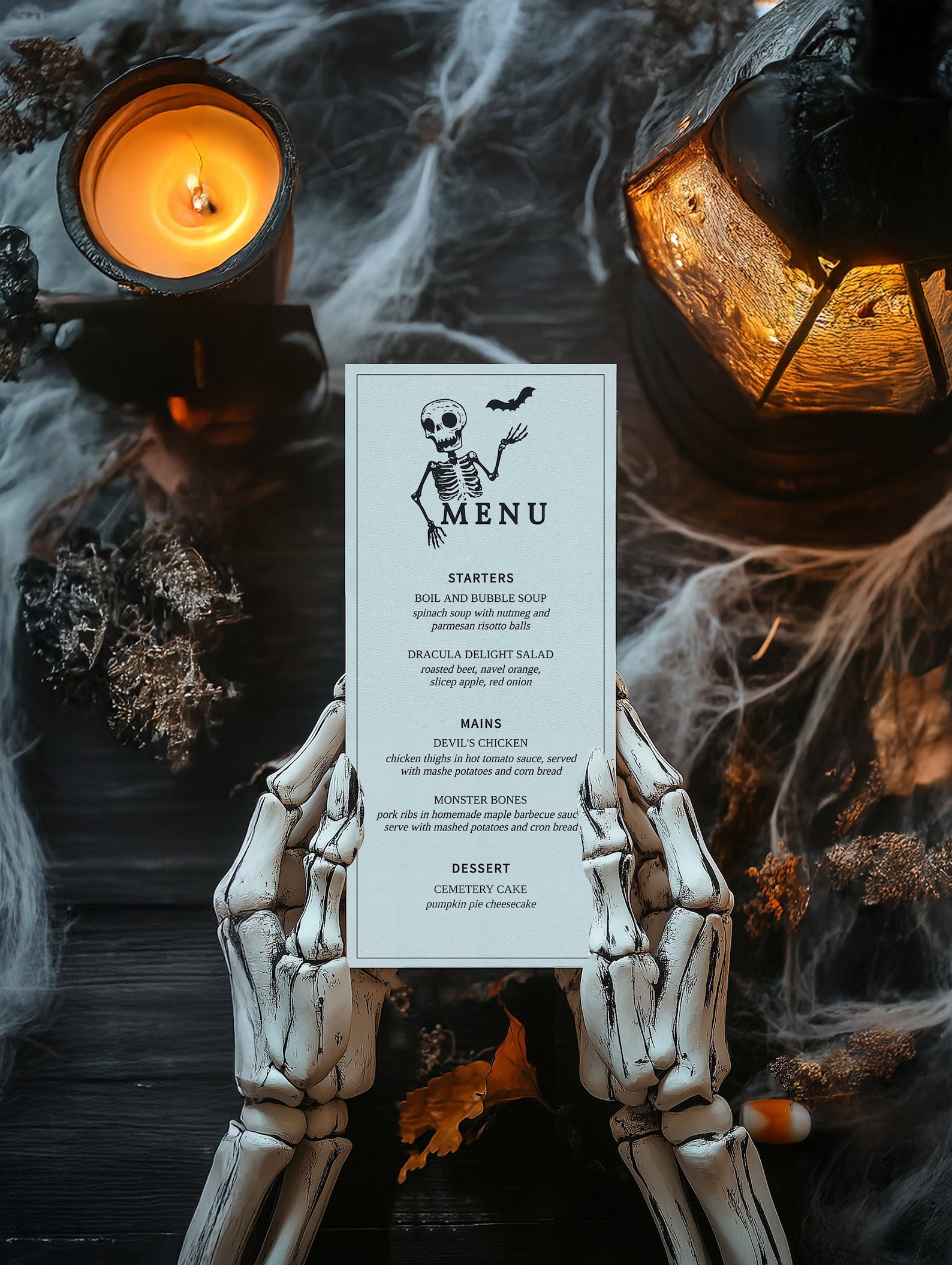 Skeleton Halloween Menu Template, Halloween Dinner Party Menu, Editable ...