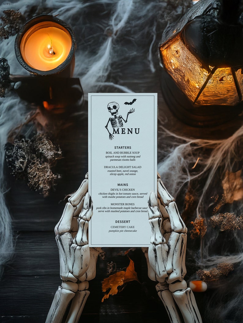 Skeleton Halloween Menu Template, Halloween Dinner Party Menu, Editable ...