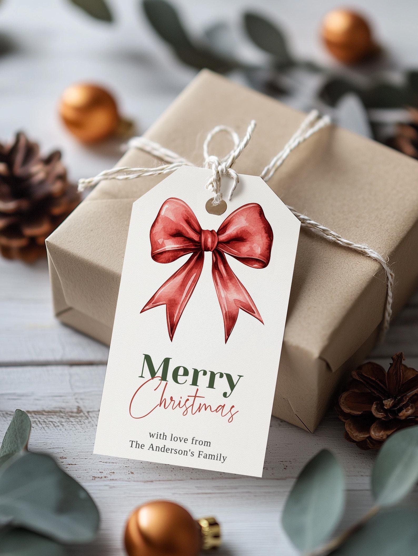 Merry Christmas Gift Tag Printable, Red Bow Christmas Gift Tag Template ...