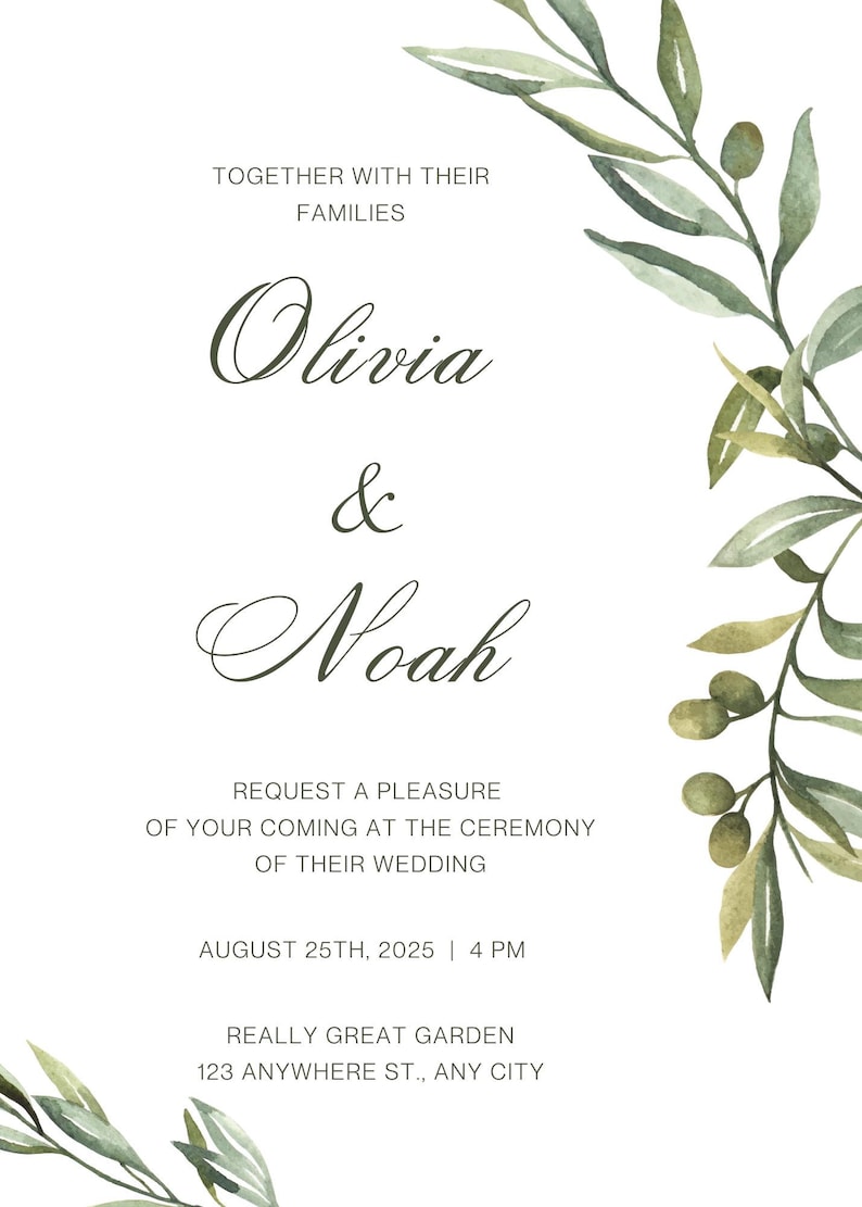 Elegant Olive Branch Wedding Invitation and Save the Date Card Template ...