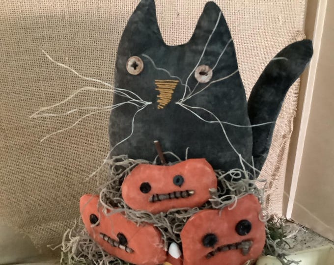 BLACK CAT With Pumpkins-fall-halloween-primitive-shelf Sitter-homemade ...