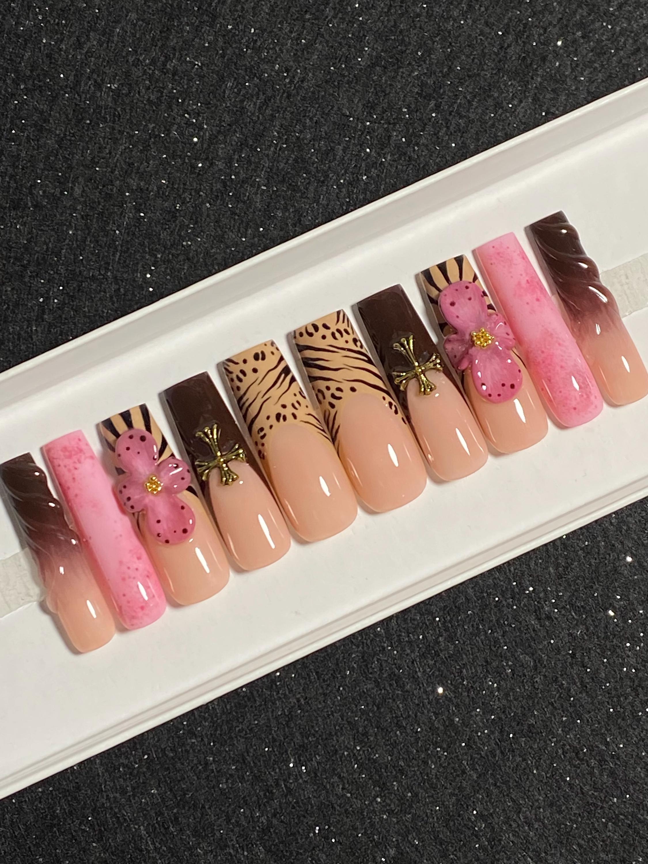 Hazel | Brown & Pink 3D Flower French Tip Press on Nails - Etsy