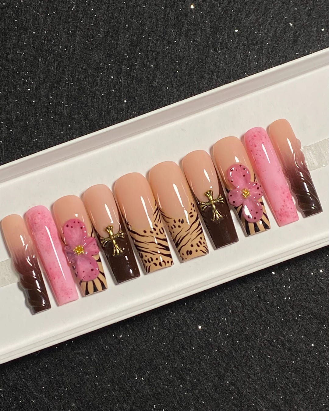 Hazel | Brown & Pink 3D Flower French Tip Press on Nails - Etsy