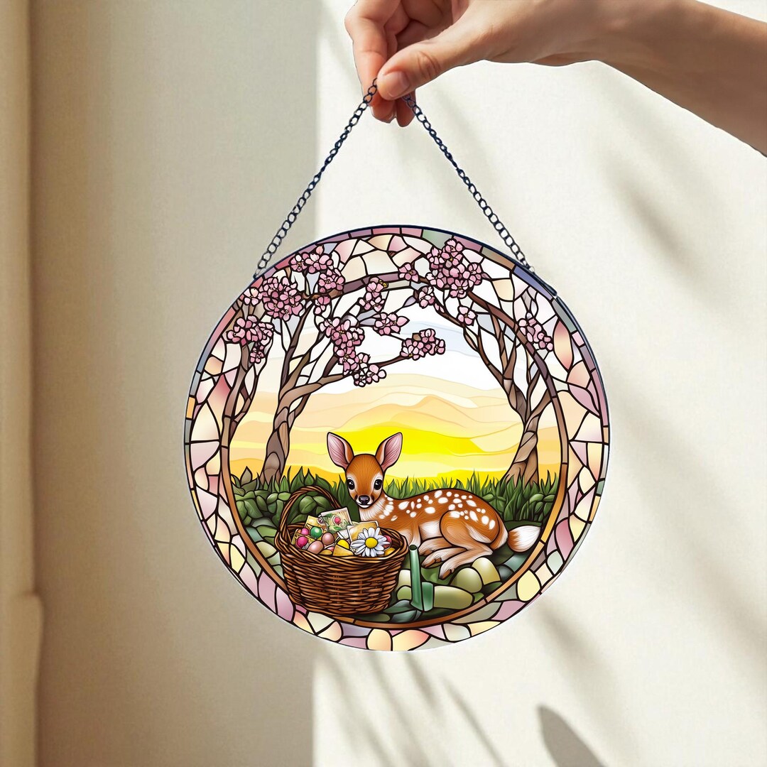 Cute Baby Deer With Easter Eggs and Flowers Stained Glass Suncatcher ...