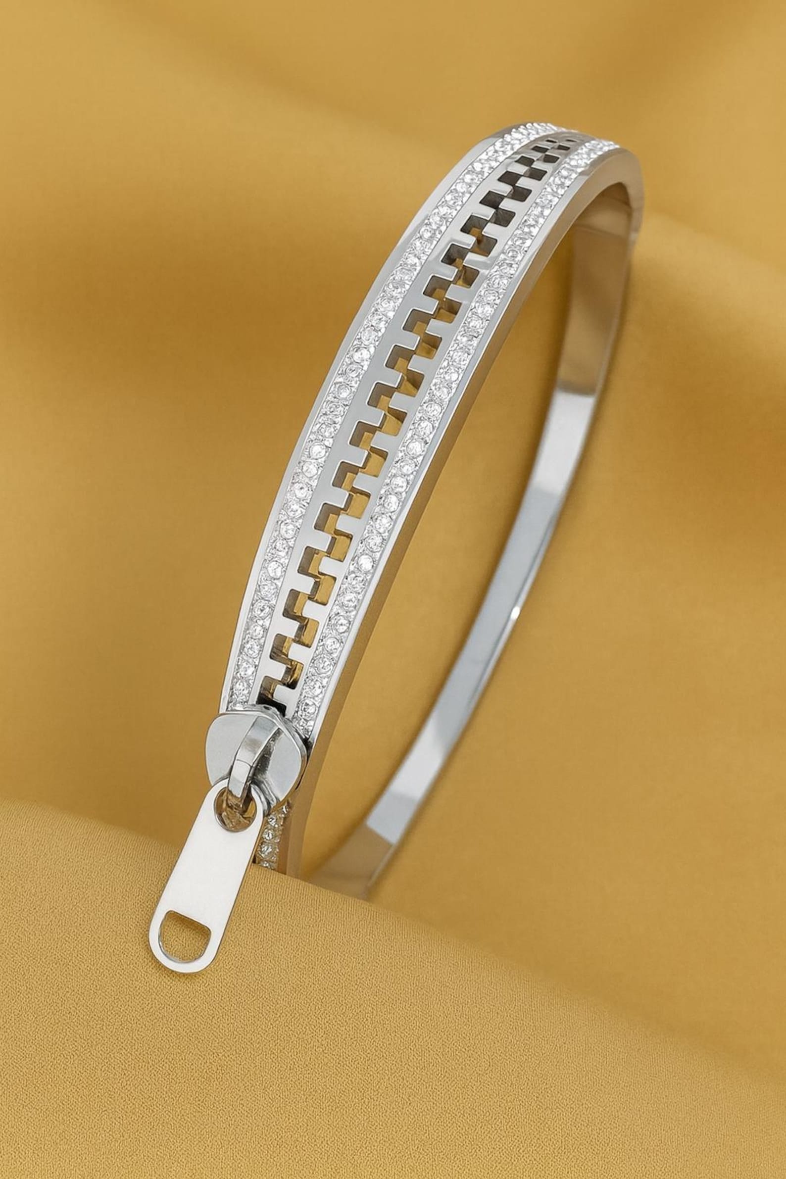 Stainless Steel Zipper Bangle Bracelet, CZ Rhinestone Jewelry ...