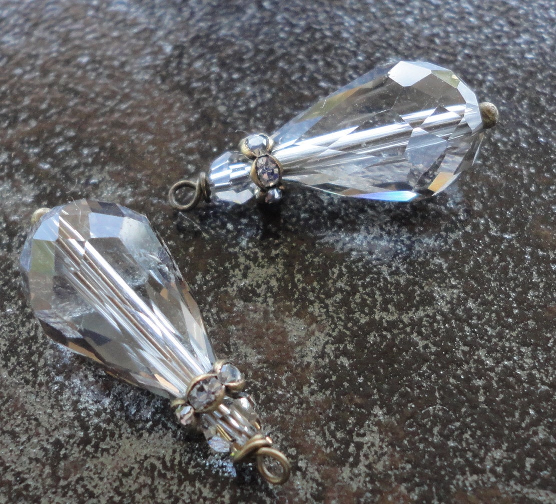 Vintage Crystal Drop Beads Pendant Dangles Antiqued Rhinestone Rondelle ...