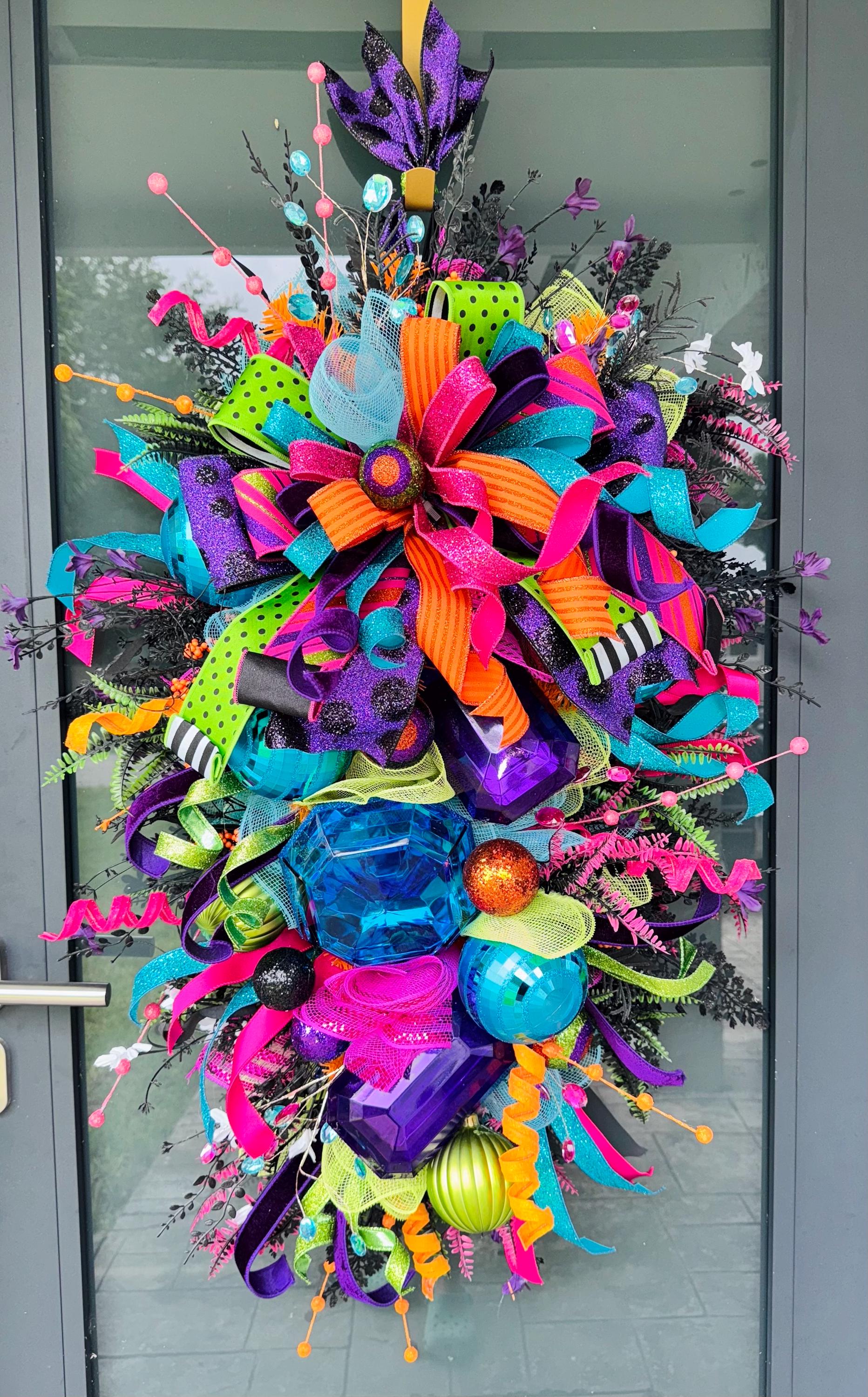 XL Halloween Wreath: Sparkling Gems & Neon Ribbons - Whimsical Door ...