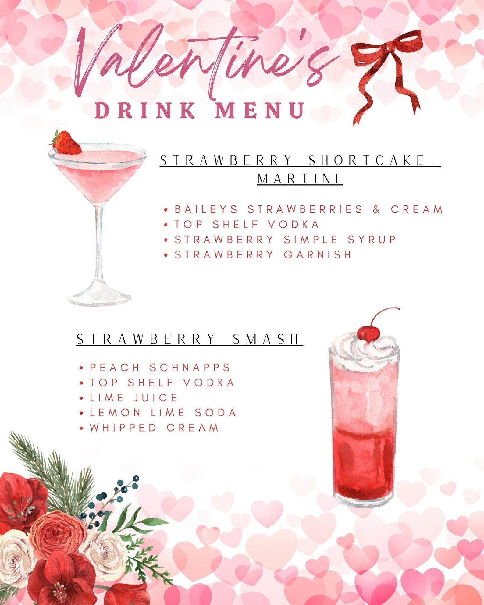 Valentine Cocktail Menu Printable | 5x7 8x10 11x14 A4 Bar Sign ...