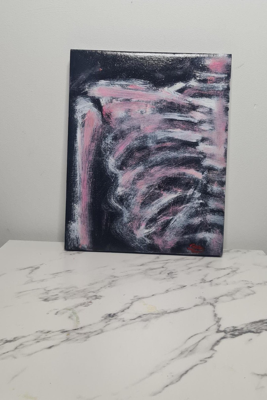 Skeleton Rib Cage Original Oil Painting Black and White Messy Style Art ...