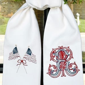 Monogrammed Patriotic Wreath Sash: Embroidered Flag Bow, Outdoor Fabric ...