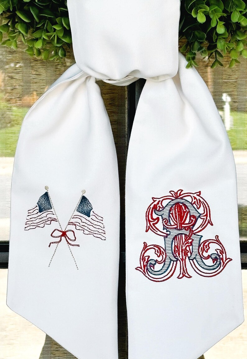 Monogrammed Patriotic Wreath Sash: Embroidered Flag Bow, Outdoor Fabric ...