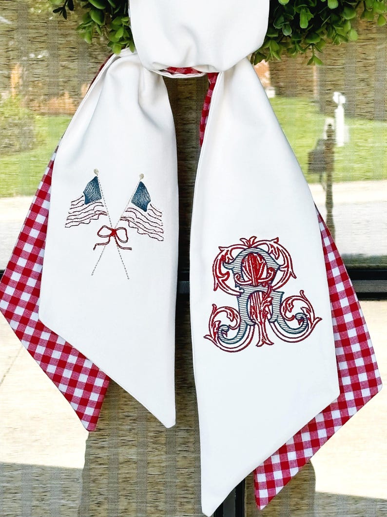Monogrammed Patriotic Wreath Sash: Embroidered Flag Bow, Outdoor Fabric ...