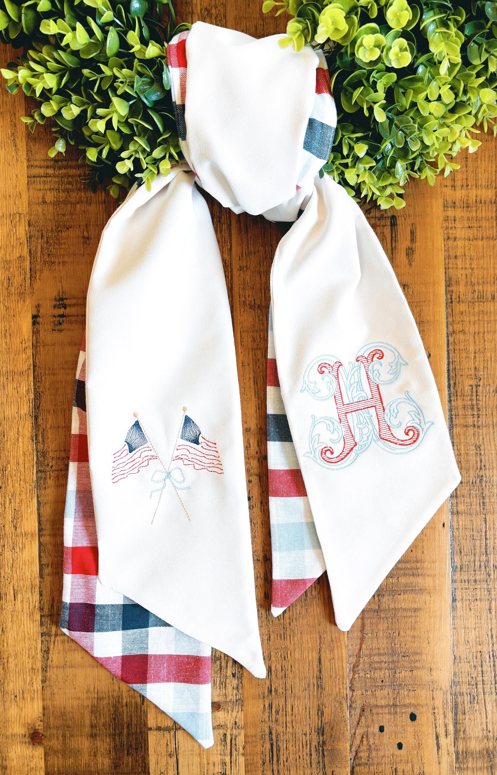 Monogrammed Patriotic Flags Wreath Sash: Embroidered Sunbrella Fabric ...