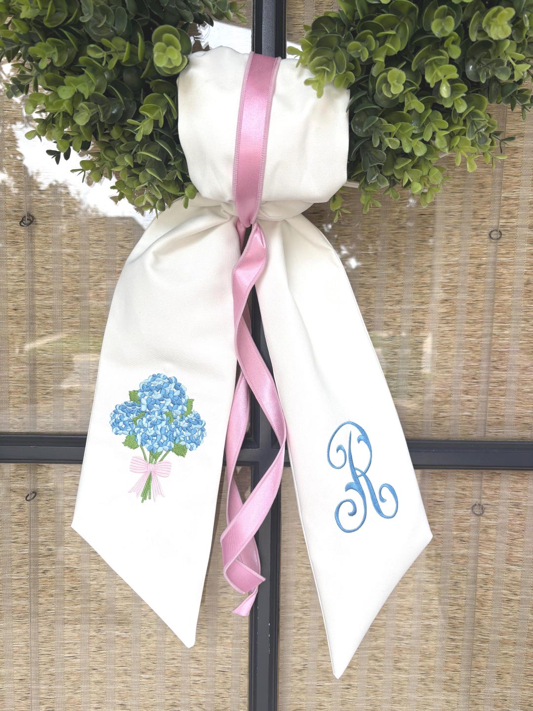 Hydrangea Bouquet Wreath Sash: Embroidered Sash, Outdoor Fabric - Etsy