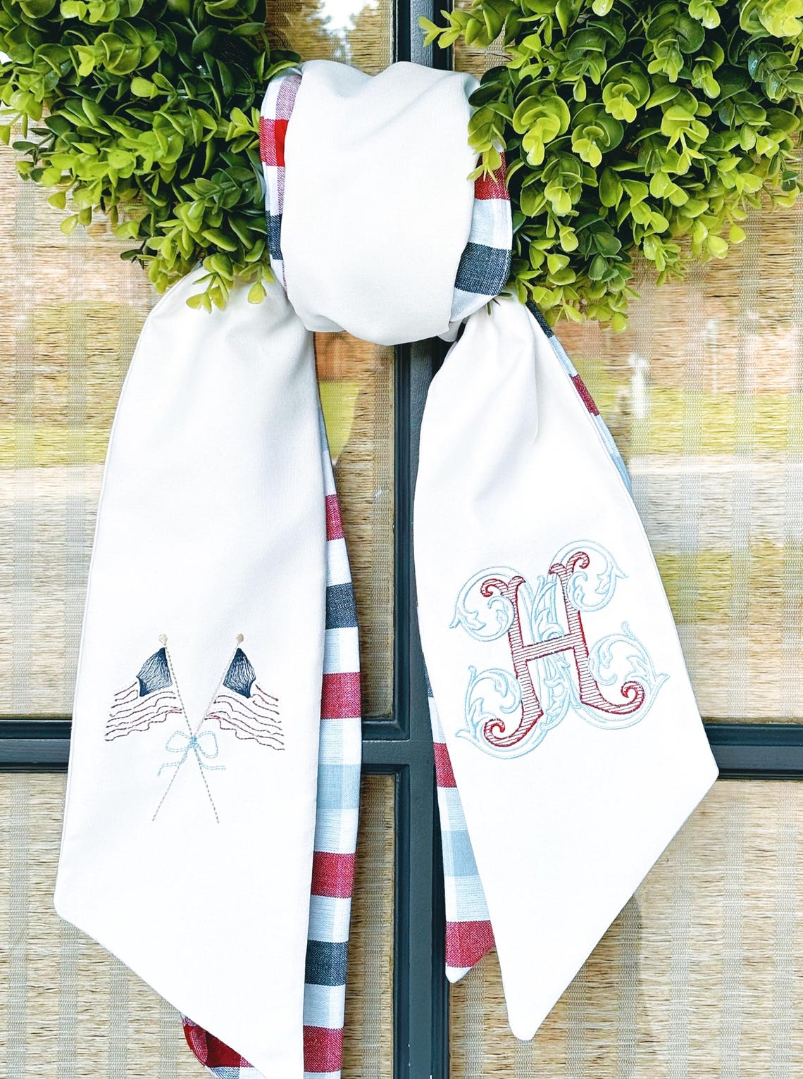 Monogrammed Patriotic Flags Wreath Sash: Embroidered Sunbrella Fabric ...
