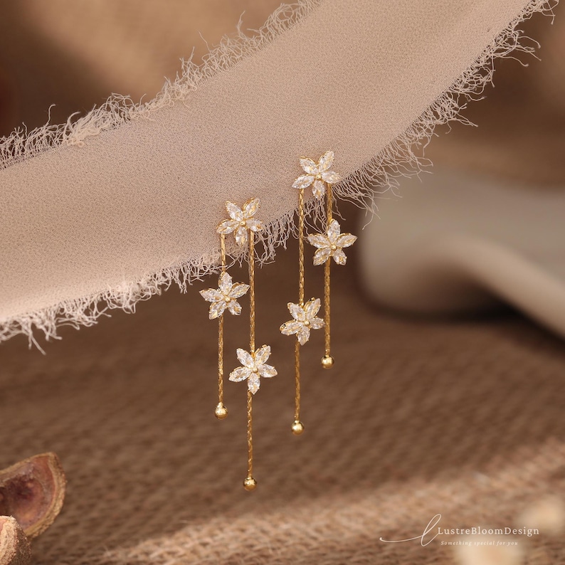 Dainty Flower Drop Earrings, Long Floral Dangle Earrings, Elegant CZ ...
