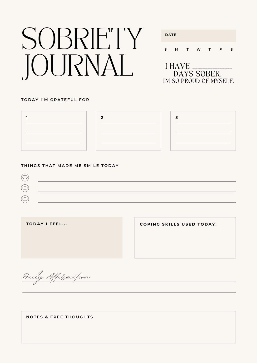 One-page Daily Sobriety Journal | Printable Recovery Tracker ...