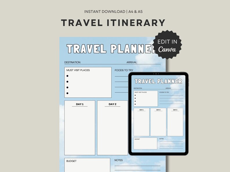 Travel Itinerary Canva Template, Printable Travel Planner, Vacation ...