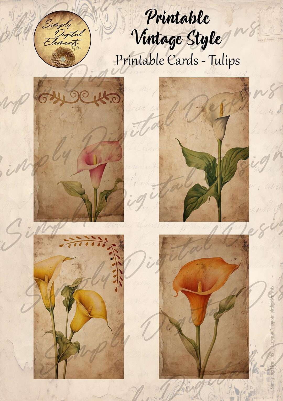 Vintage Style Printable Cards - Vintage Tulips Edition - Digital ...