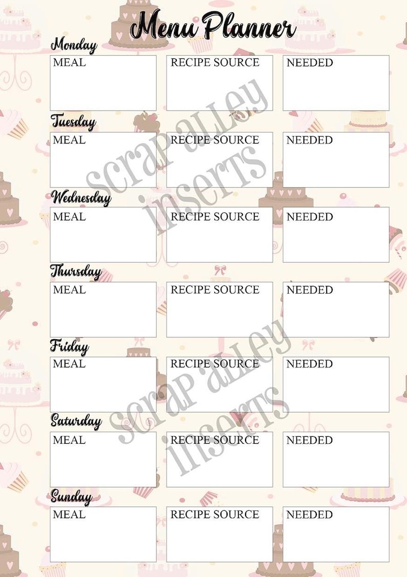 Daily Menu Planner Printable Bakery Background Design | Etsy