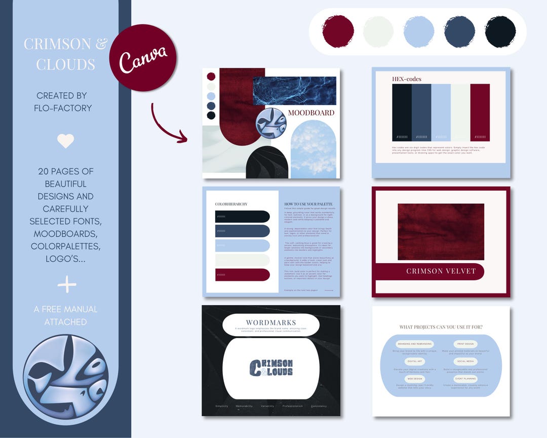 Branding Kit: Crimson & Clouds L Fully Editable Canva Template L Blue ...