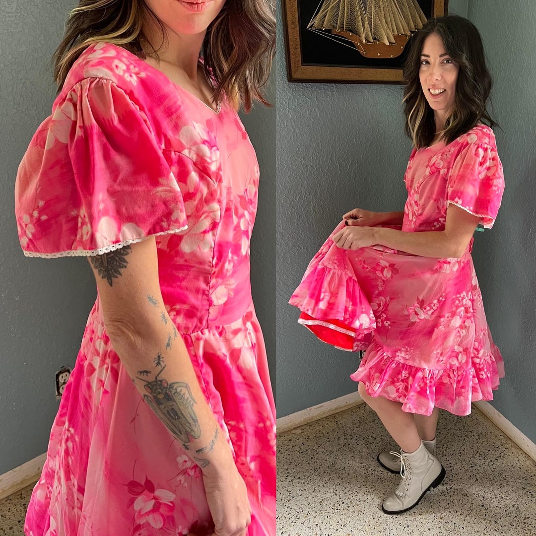 Bright Pink 80's Hawaiian Print Square Dancing Dress Flouncy Sleeves 70 ...