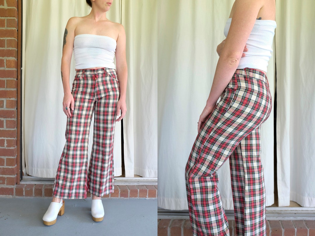 70's Plaid Wide Leg Pants Vintage School Girl Pants 1970's Red Plaid No ...