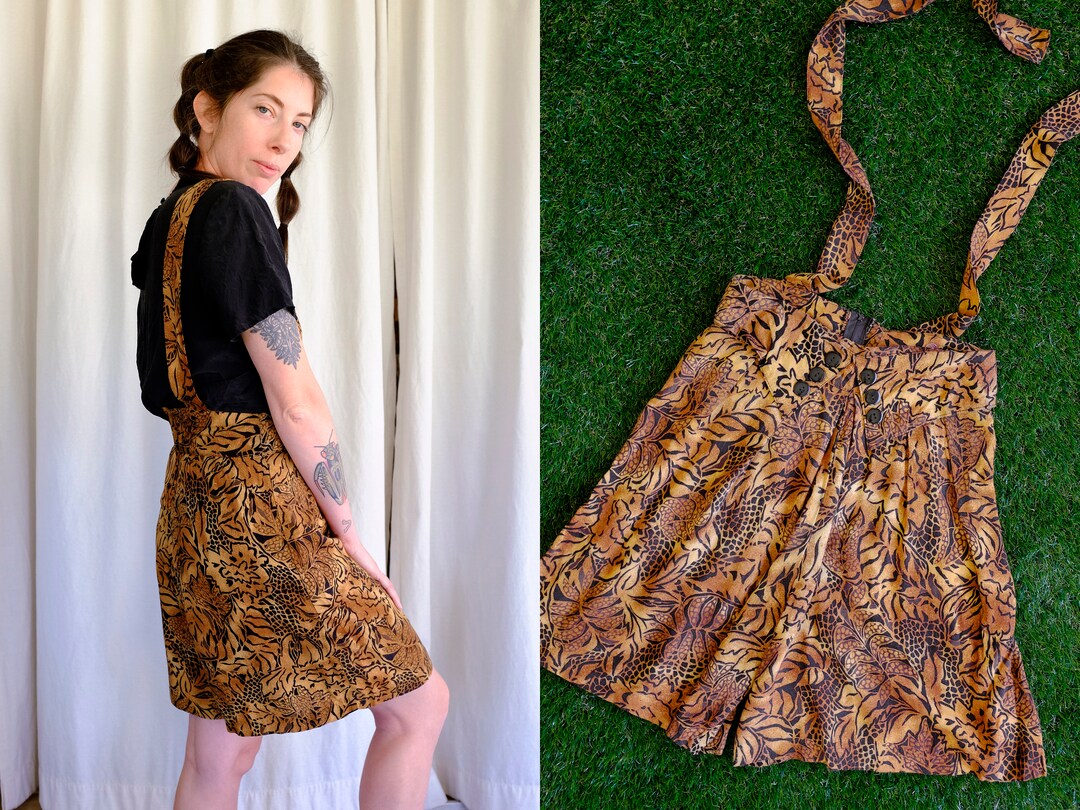 80's 90's Jungle Rayon Shortalls Vintage Suspender Shorts Tropical ...