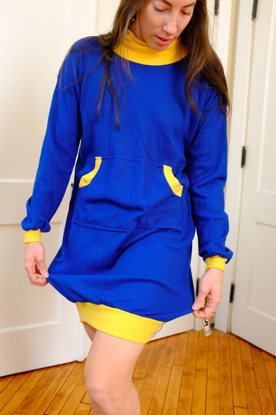 80's Deadstock Thermal Vintage Blue and Yellow Waffle… - Gem