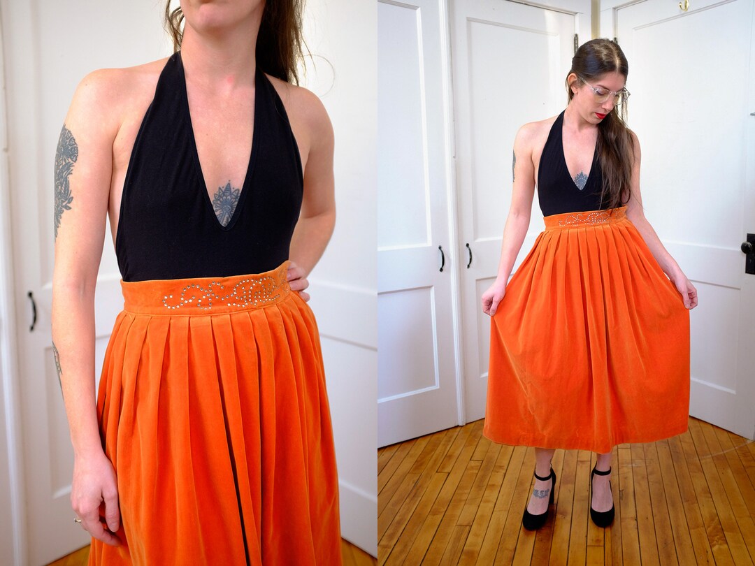 50's Orange Velvet Midi Skirt, 1950's 50's Rhinestone Velvet Formal ...
