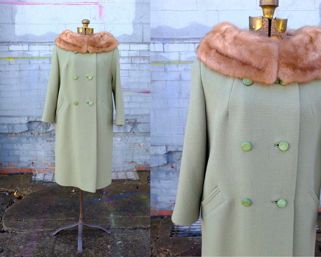 50's Olive Green Cowl Neck Fur Coat-medium - Etsy