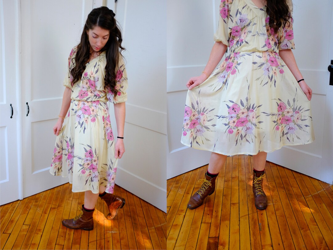 70's Sheer Floral Peasant Dress Elastic Waist V-neck -SMALL MEDIUM - Etsy