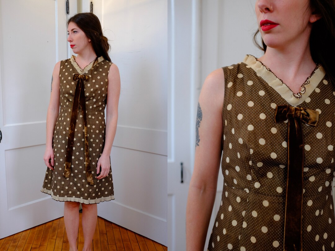 Minx Modes Brown Ruffle Polka Dot and Velvet Sleeveless A-line Dress ...