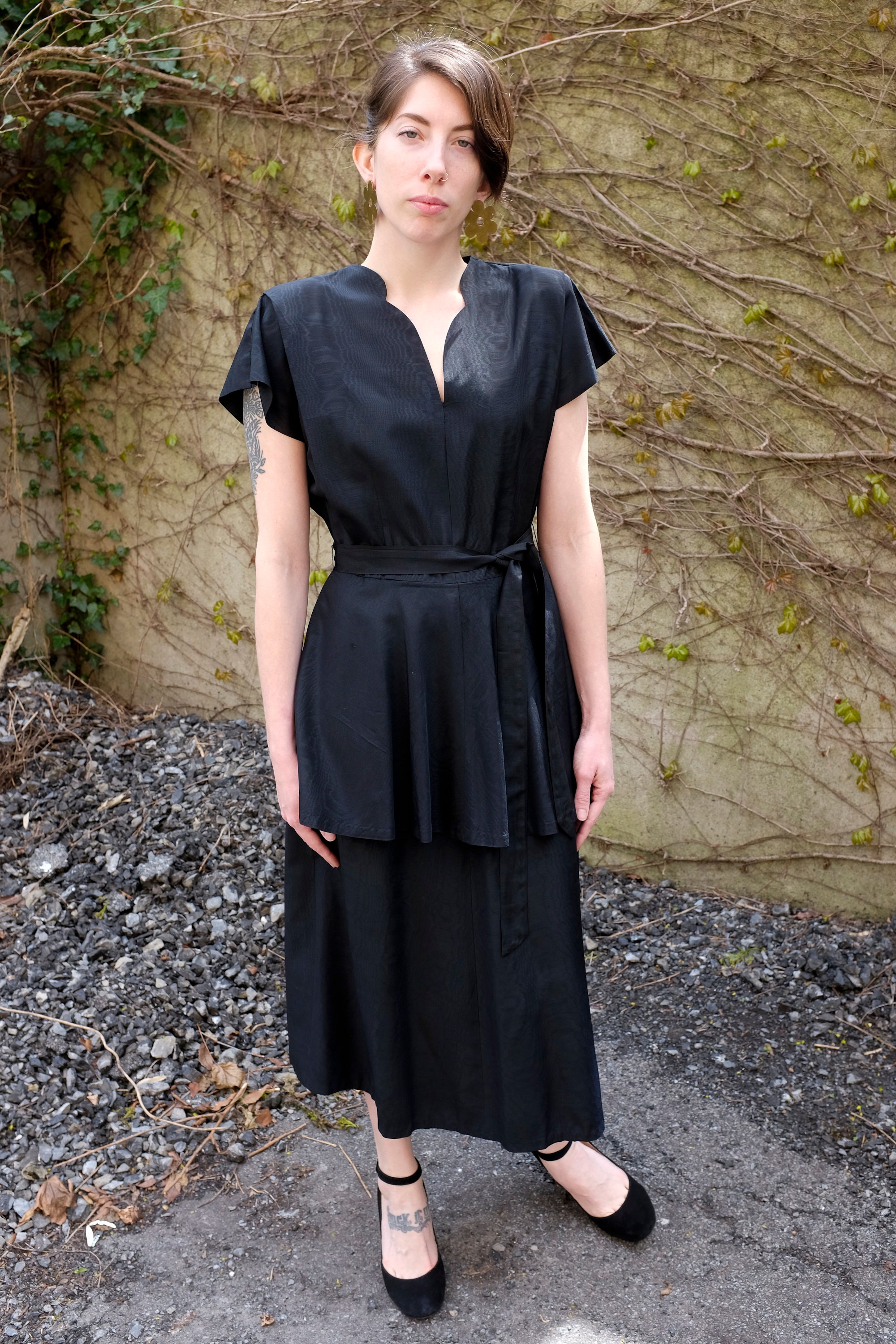 40's Black Peplum Moiré Dress/small/medium | Etsy