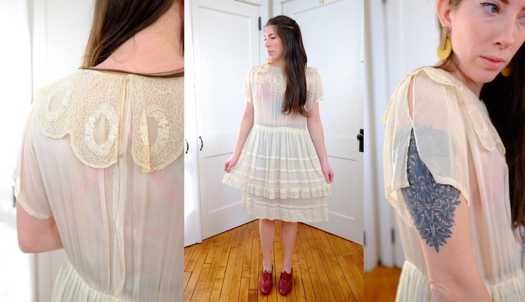 1920's Antique Flapper Silk Tiered Scalloped Cream Beige Lace Sheer ...