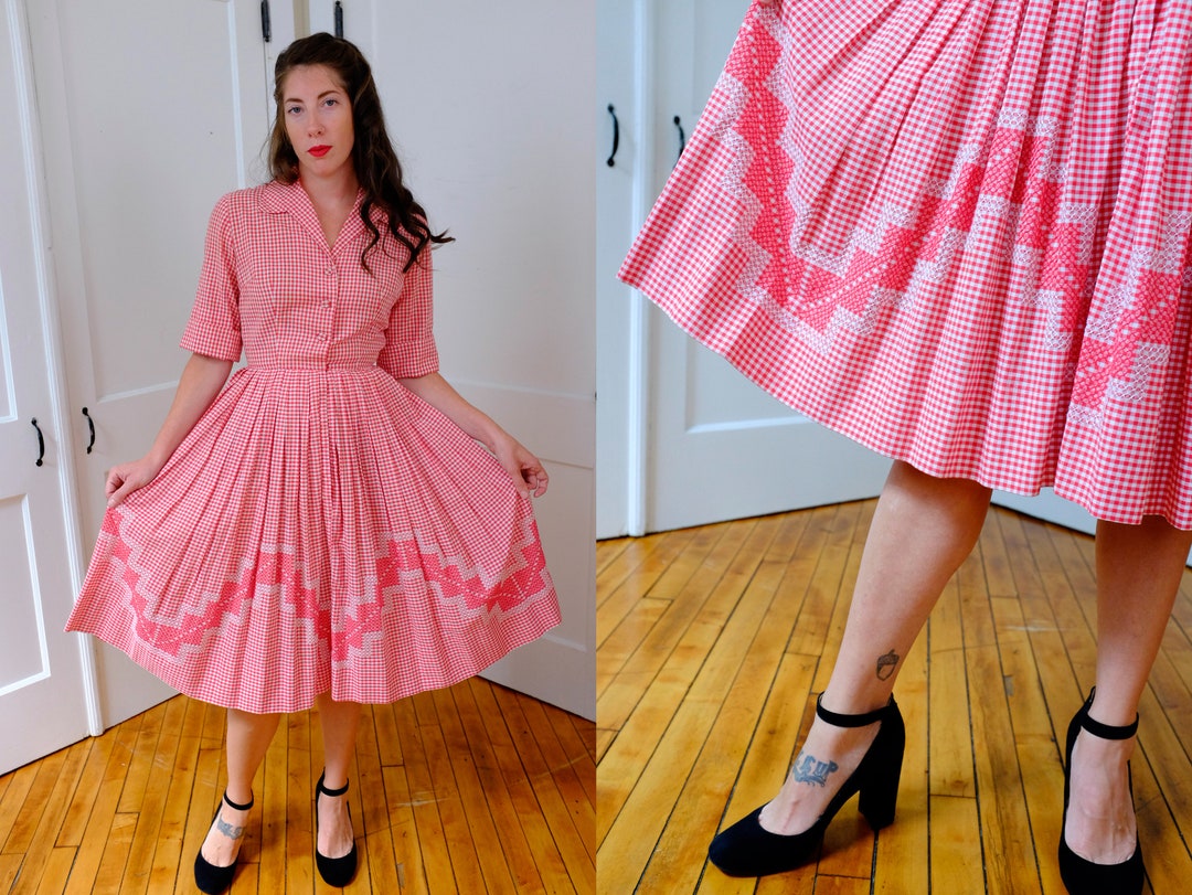 50's Red Embroidered Gingham Cotton Collared Button Down Dress-small - Etsy