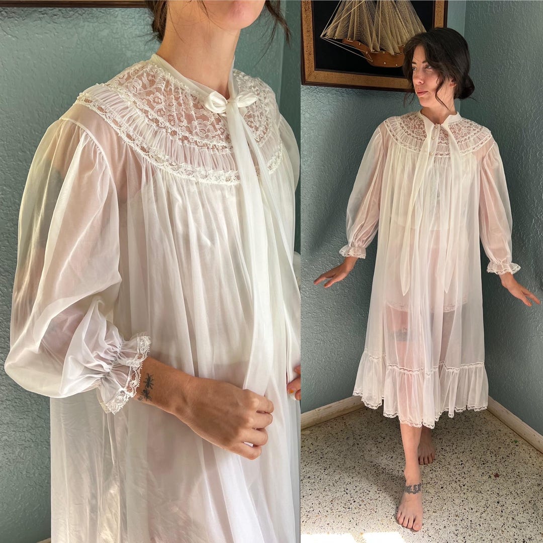 1950's Nightgown M Medium 50's Penoir Bed Jacket White Lace Ruffle ...