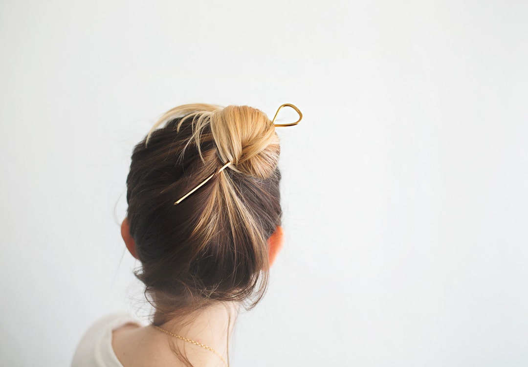 Hair Pin. Brass Hair Stick. Modern Hair Pin. Hammered and Stamped. Gold ...