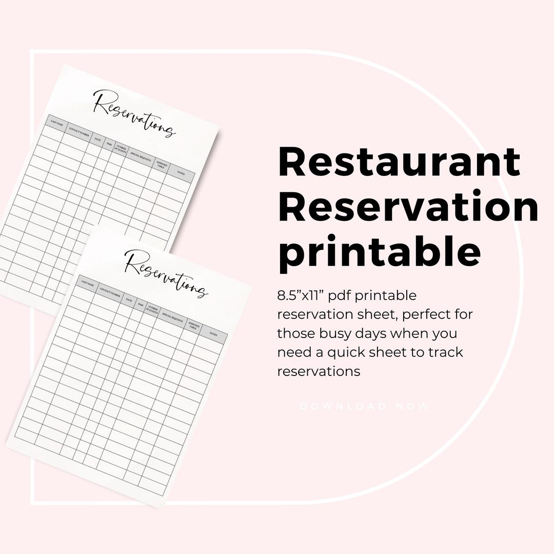 Printable Reservation Tracker | 8.5x11 PDF Restaurant Booking Log ...