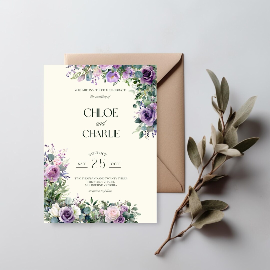 Lavender Floral Wedding Invitation Template: Elegant Purple & Cream ...