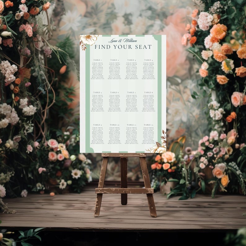 Retro Sage Gold Floral Seating Chart, Editable Canva Green Stripe ...
