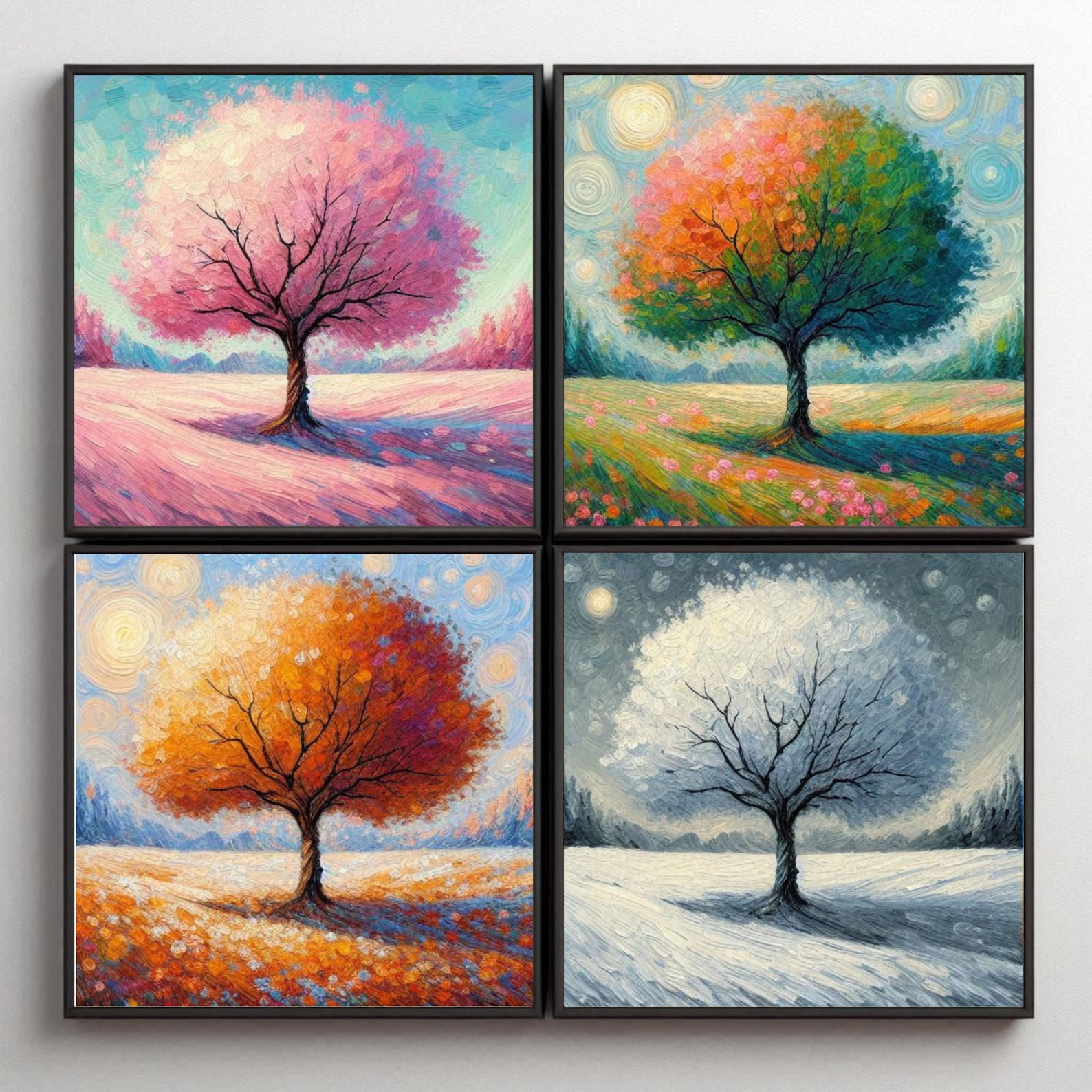 Four Seasons Tree Art Print Set: Impressionist Wall Decor (digital ...