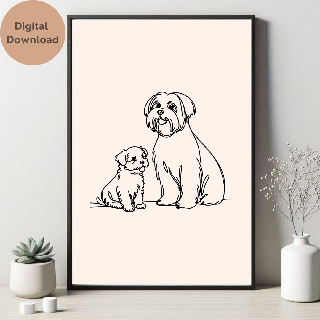 Maltese Dog and Puppy Line Art Print: Minimalist Home Decor (digital ...