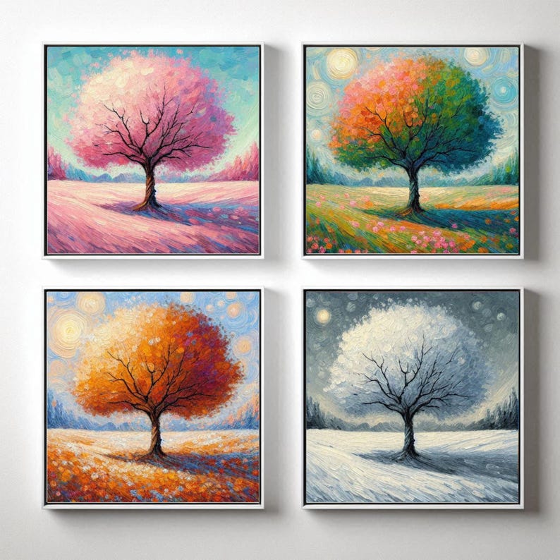 Four Seasons Tree Art Print Set: Impressionist Wall Decor (digital ...