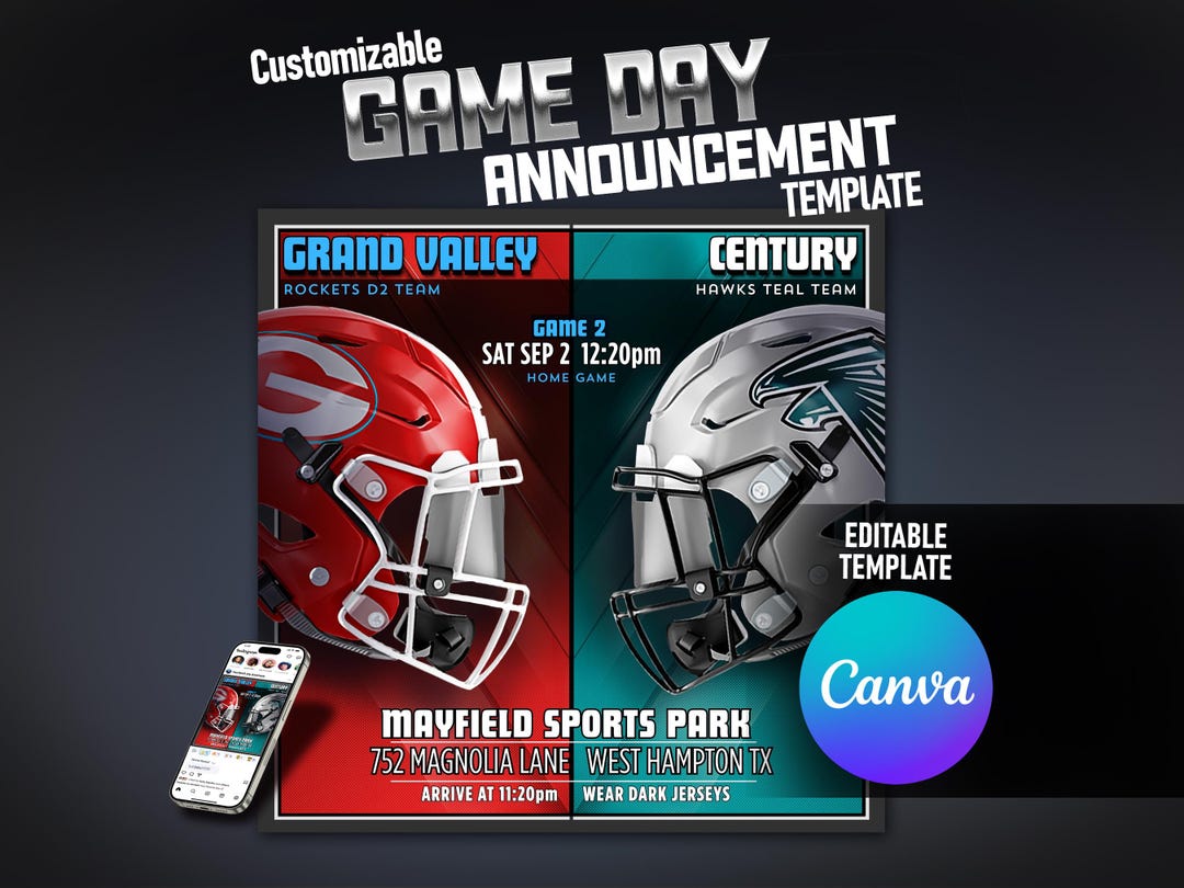 Editable Game Reminder Template: Canva Football Reminder, Sports Team ...