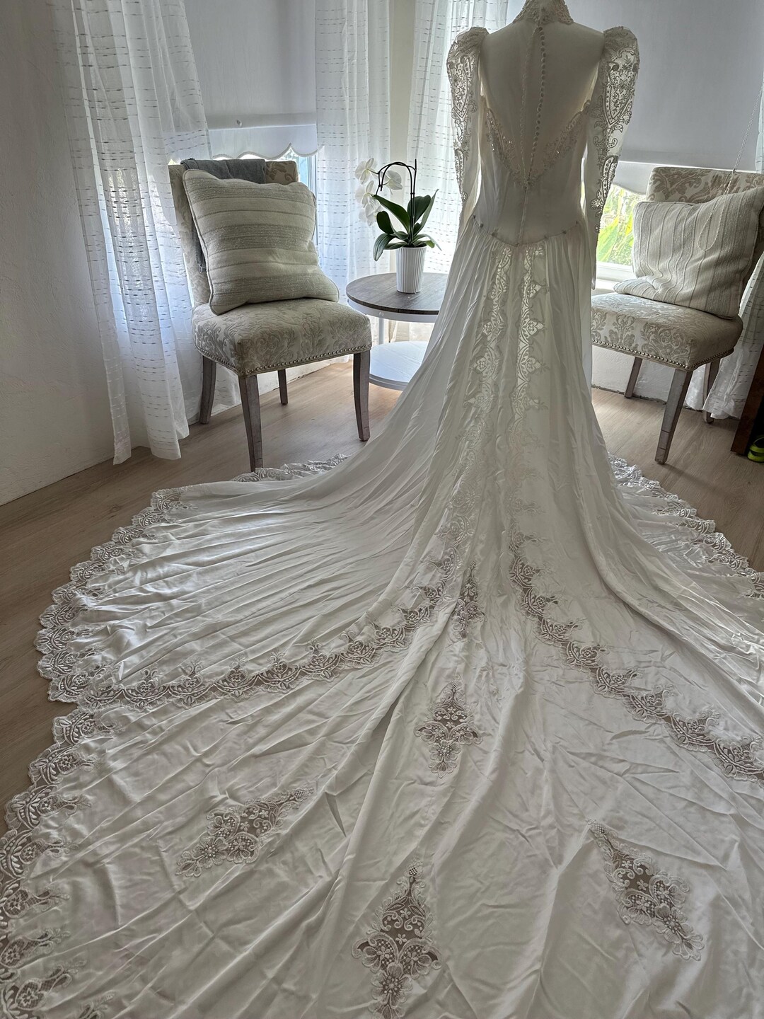 80s/90s Wedding Gown Lace, Sequin, Satin Buttons, Multiple Bustles Size ...